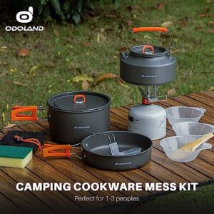 Odoland 10pcs Camping Cookware Camping Pots and Pans Set with Kettle Plastic Bowls and Soup Spoon for Camping, Backpacking, Outdoor Cooking and Picnic