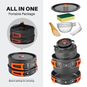 Odoland 10pcs Camping Cookware Camping Pots and Pans Set with Kettle Plastic Bowls and Soup Spoon for Camping, Backpacking, Outdoor Cooking and Picnic