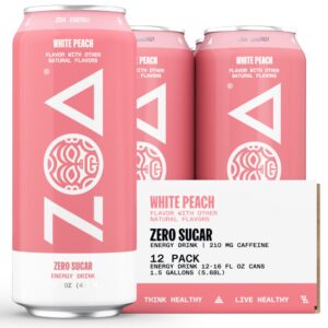 zoa zero sugar energy drinks, white peach - sugar free with electrolytes, healthy vitamin c, amino acids, essential b-vitamins, and caffeine from green tea - 16 fl oz (12-pack)