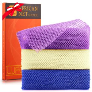 3 pieces african bath sponge african net long net bath sponge exfoliating shower body scrubber back scrubber skin smoother,great for daily use (purple,blue,off-white)