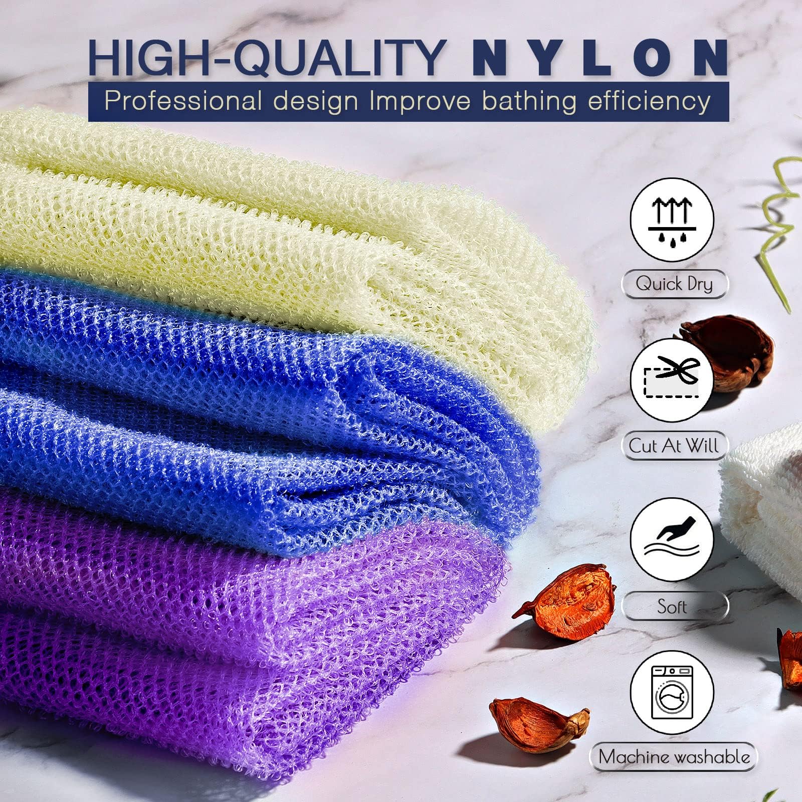 3 Pieces African Bath Sponge African Net Long Net Bath Sponge Exfoliating Shower Body Scrubber Back Scrubber Skin Smoother,Great for Daily Use (Purple,Blue,Off-White)