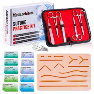 medarchitect suture practice complete kit (30 pieces) for medical student suture training, include upgrade suture pad with 14 pre-cut wounds, suture tools, suture thread & needle