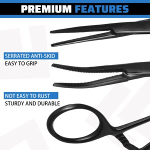 BBTO 2 Pcs Hemostat Curved and Straight Hemostat Forceps Piercing Pliers Forceps, Stainless Steel Straight and Curved Pliers, Fishing Tweezer Hemostats (Black)