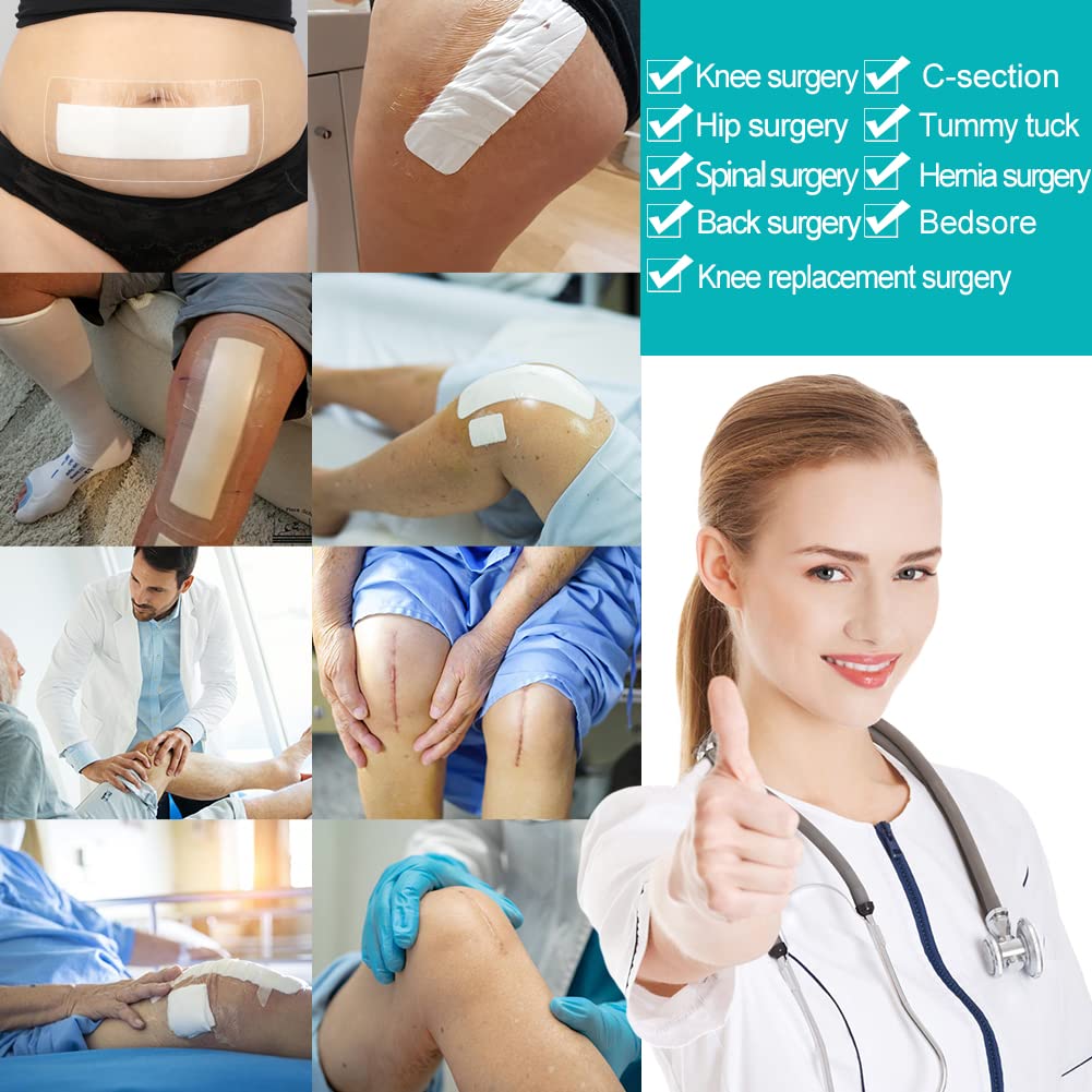 Waterproof Wound Bandages Dressing for Knee Replacement First Aid Adhesive Bandaids Tape Bordered Guaze No Glue On The Center Incisions Film Protector Shower Cover Patch 4 X 10 Inch Pack 0f 25