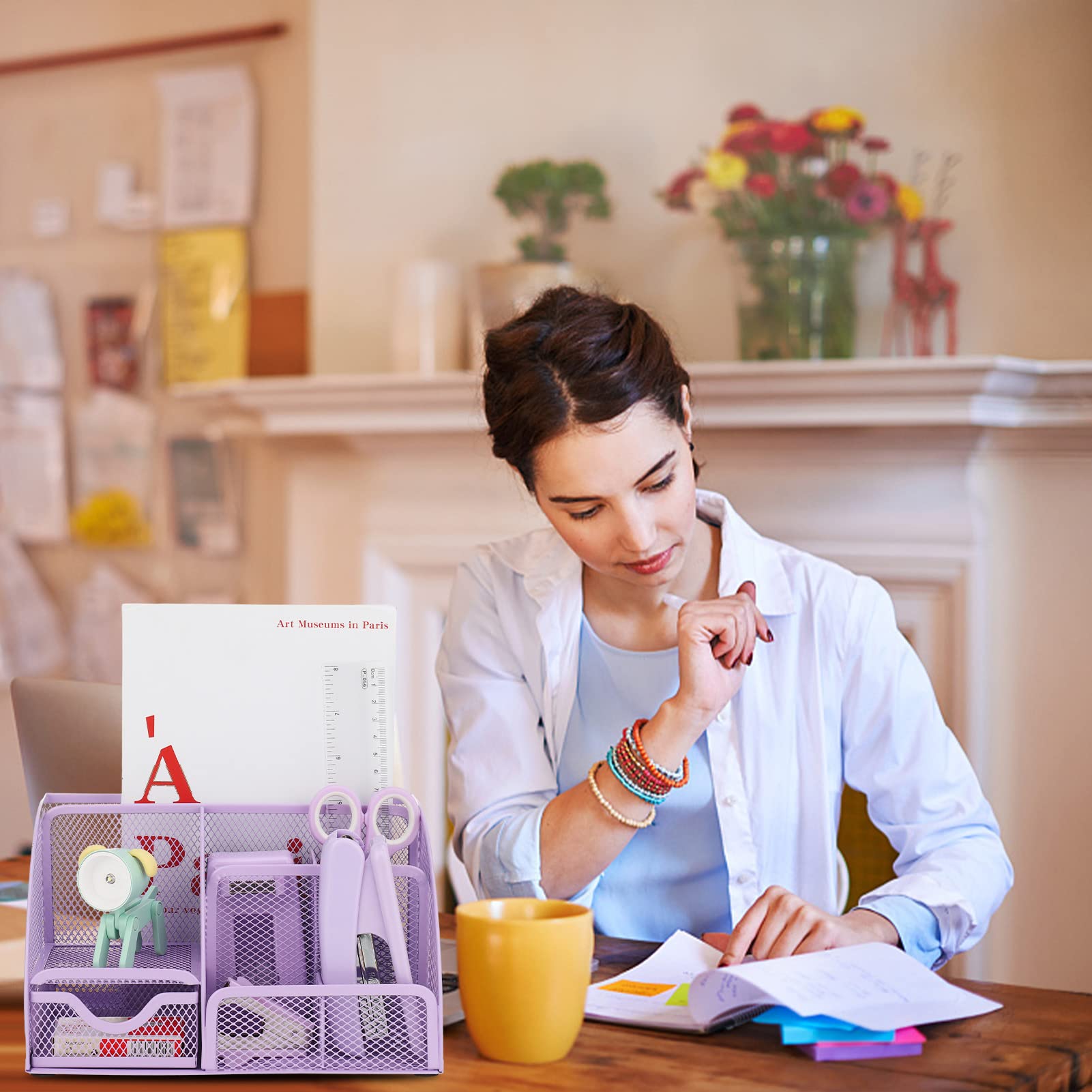 Purple Mesh Desk Organizer and Accessories, Purple Gift Purple Office Supplies 7 Compartments Desk Organizer with Stapler,Tape Dispenser,1000 Staples,Pen Holder,Staple Remover,Clips,Ruler,Scissors