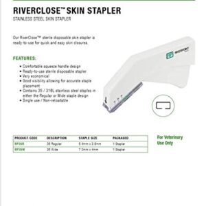 Riverpoint Medical Veterinary Surgical Skin Wound Closure Stapler Disposable Single use 35 Regular Size Stainless Steel Staples