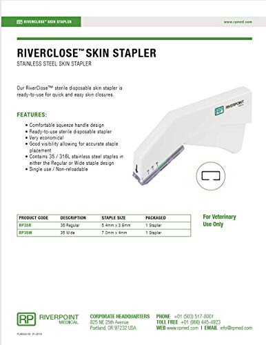 Riverpoint Medical Veterinary Surgical Skin Wound Closure Stapler Disposable Single use 35 Regular Size Stainless Steel Staples