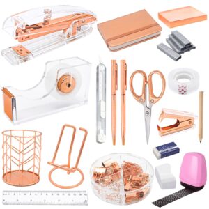 yolozai 17pcs office supplies and accessories set desk accessories, notebook, acrylic stapler, staple remover, tape dispenser, clips, id roller, scissor, utility knife, phone holder, pen, pen holder