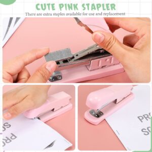 Office Supplies Set Desk Accessory Kit Include Stapler, Staples, Staple Remover, Tape Dispenser, 22 Binder Clips, 30 Paper Clips, 20 Push Pins, 2 Rolls Tape, for Women Christmas Gift (Pink)