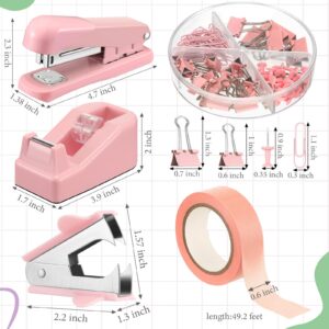 Office Supplies Set Desk Accessory Kit Include Stapler, Staples, Staple Remover, Tape Dispenser, 22 Binder Clips, 30 Paper Clips, 20 Push Pins, 2 Rolls Tape, for Women Christmas Gift (Pink)