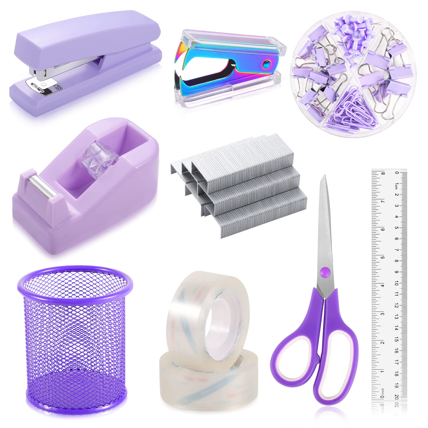 Purple Desk Accessories Set, Purple Gifts Office Supplies Kit Stapler and Tape Dispenser Set with Staple Remover 1000 Staples Pen Holder Office Gift for Coworkers