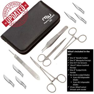 Sterile Sutures Thread with Needle Plus Tools - First Aid Field Emergency, Trauma Practice Suture Kit; Taxidermy; Medical, Nursing and Vet Students (16 Mixed 0, 2/0, 3/0, 4/0 with 12 Instruments) 28PK