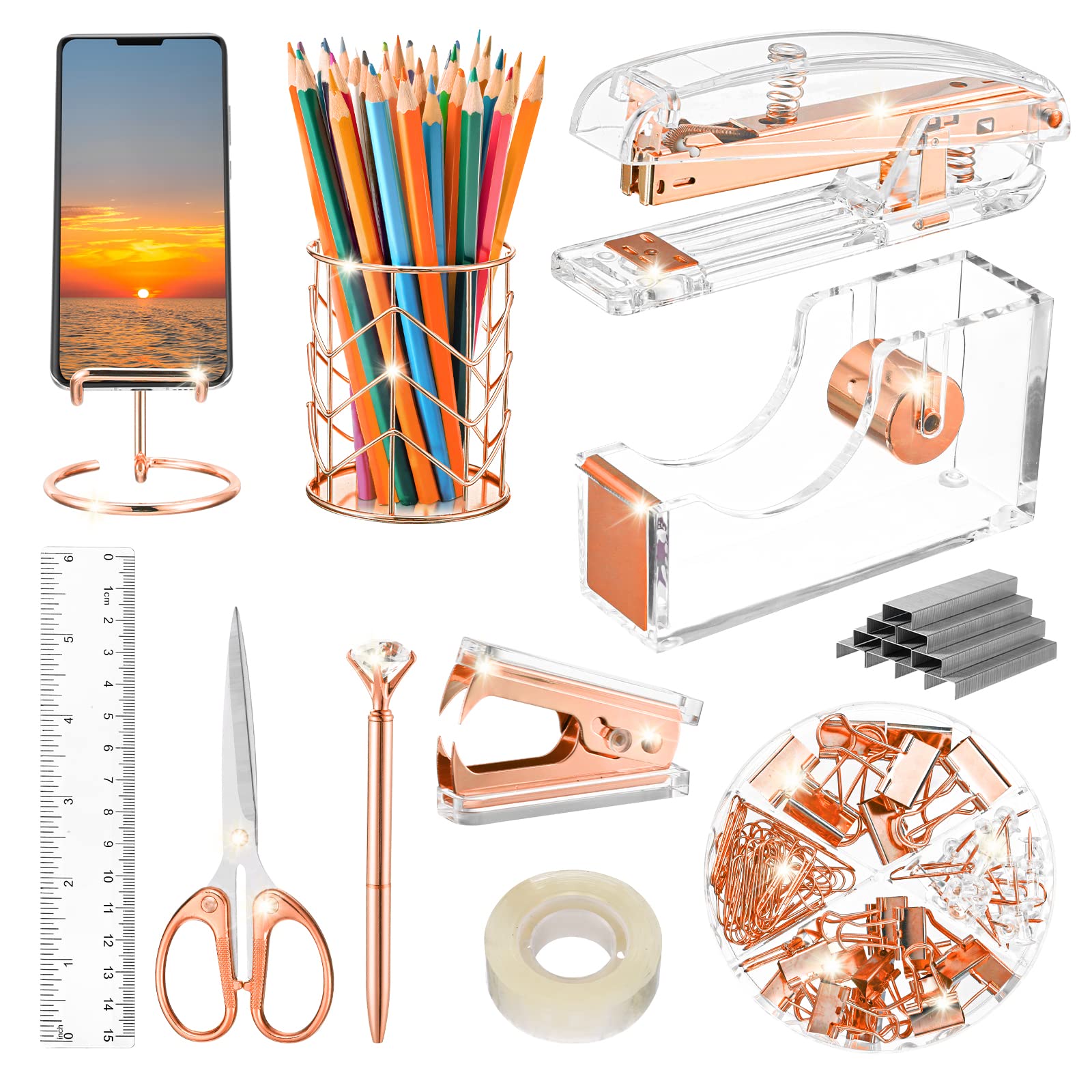 Aibocn Rose Gold Desk Accessories, Office Supplies, Acrylic Stapler, Staple Remover, Tape Holder, Pen 1000pcs Staples, Diamond Pen, Phone Scissors, Binder Clips, Ruler,Transparent Glue