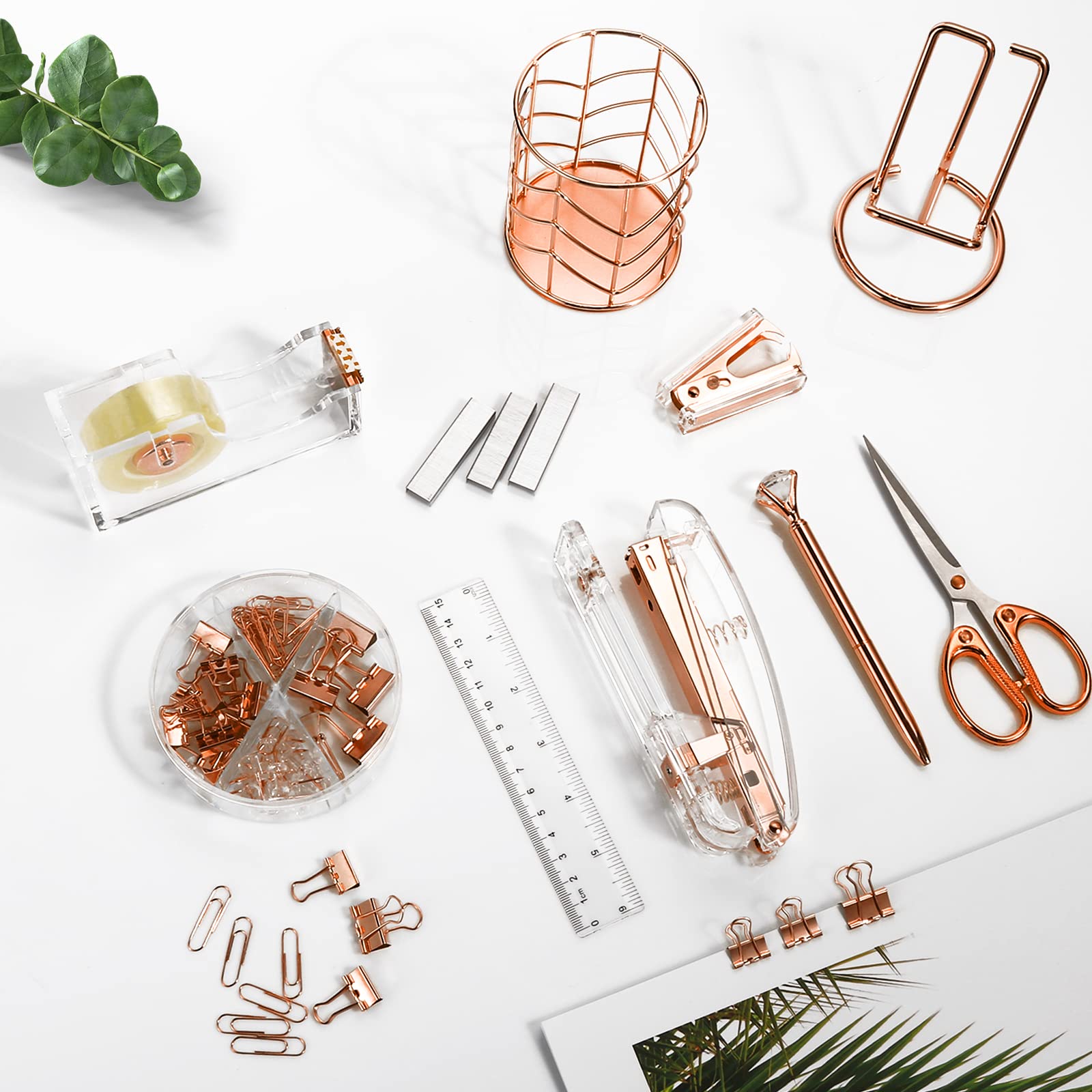 Aibocn Rose Gold Desk Accessories, Office Supplies, Acrylic Stapler, Staple Remover, Tape Holder, Pen 1000pcs Staples, Diamond Pen, Phone Scissors, Binder Clips, Ruler,Transparent Glue