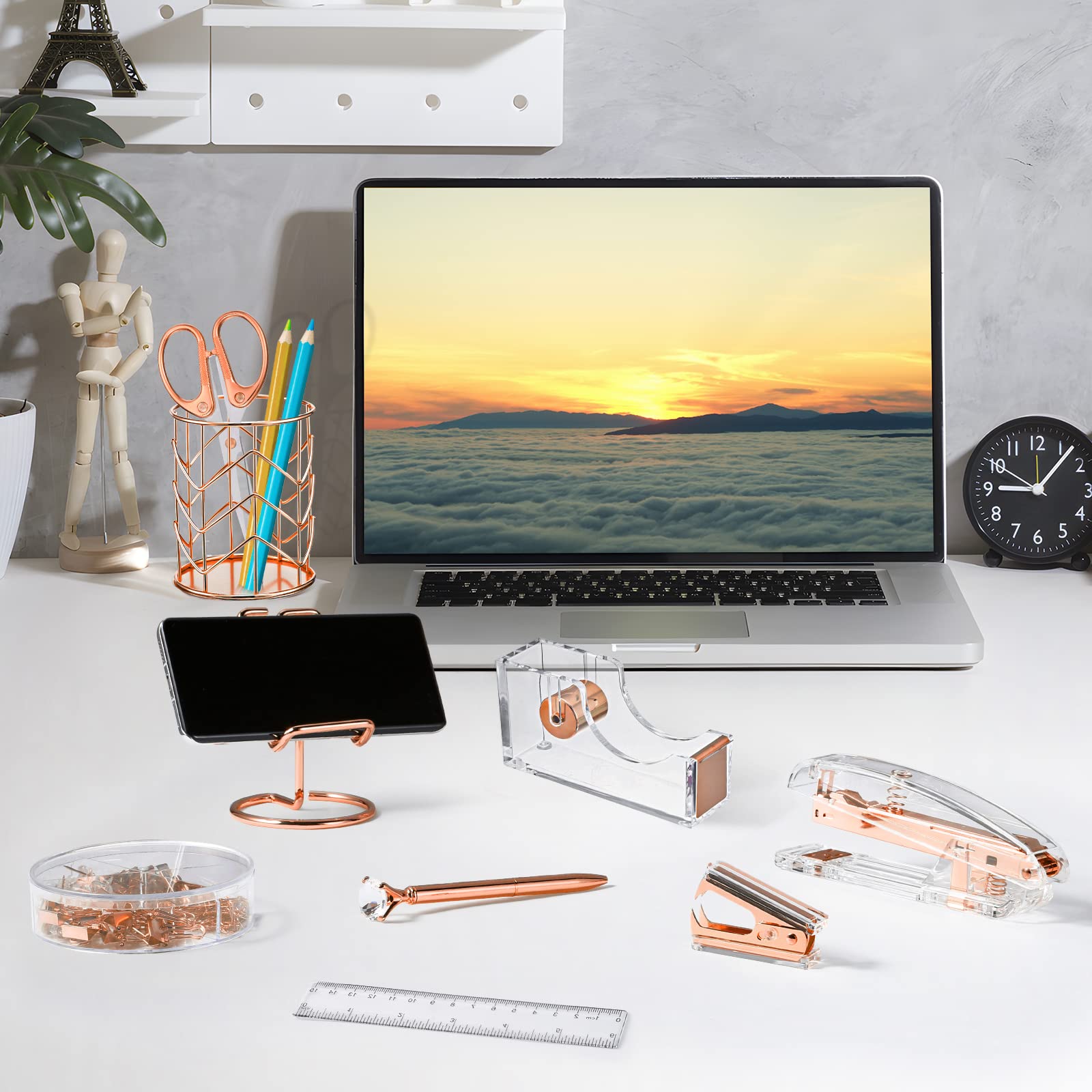 Aibocn Rose Gold Desk Accessories, Office Supplies, Acrylic Stapler, Staple Remover, Tape Holder, Pen 1000pcs Staples, Diamond Pen, Phone Scissors, Binder Clips, Ruler,Transparent Glue