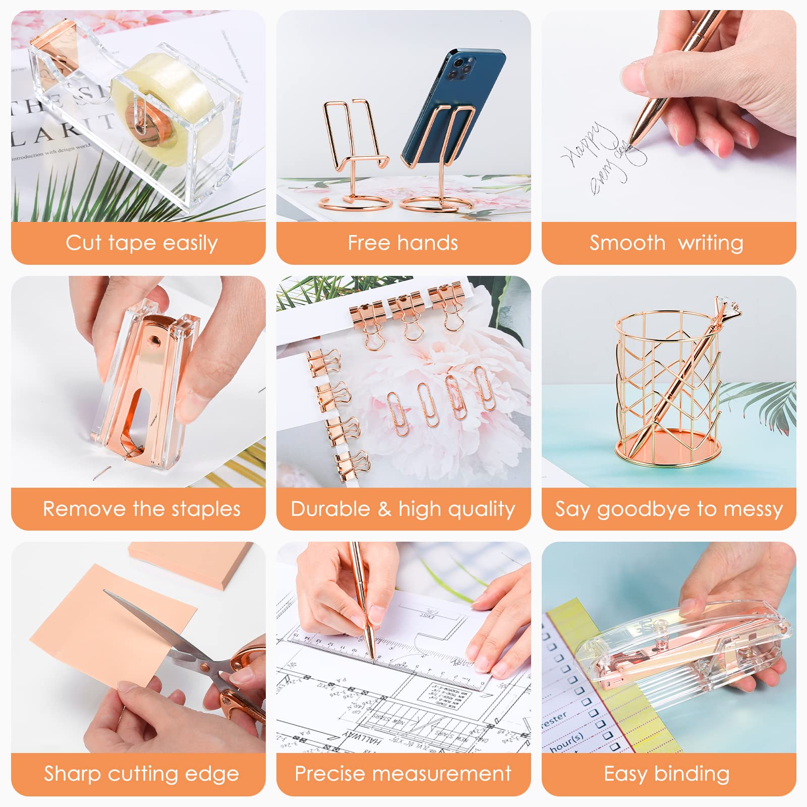 Aibocn Rose Gold Desk Accessories, Office Supplies, Acrylic Stapler, Staple Remover, Tape Holder, Pen 1000pcs Staples, Diamond Pen, Phone Scissors, Binder Clips, Ruler,Transparent Glue