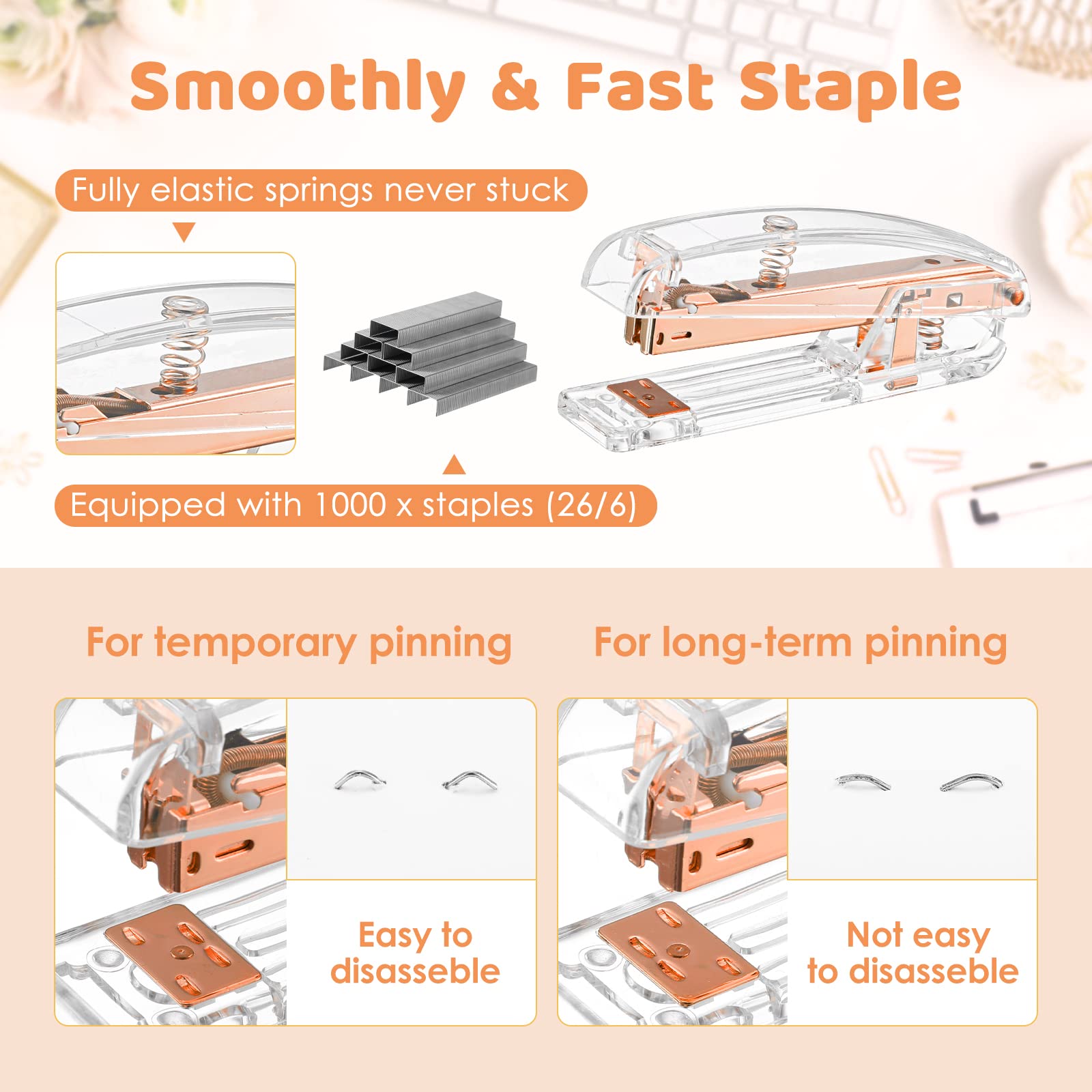 Aibocn Rose Gold Desk Accessories, Office Supplies, Acrylic Stapler, Staple Remover, Tape Holder, Pen 1000pcs Staples, Diamond Pen, Phone Scissors, Binder Clips, Ruler,Transparent Glue