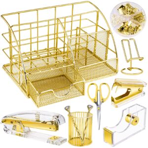 nioffice gold desk organizer set with acrylic accessories - includes stapler, tape holder, pen holder, scissors, phone holder, binder clips, staple remover and 1000 staples