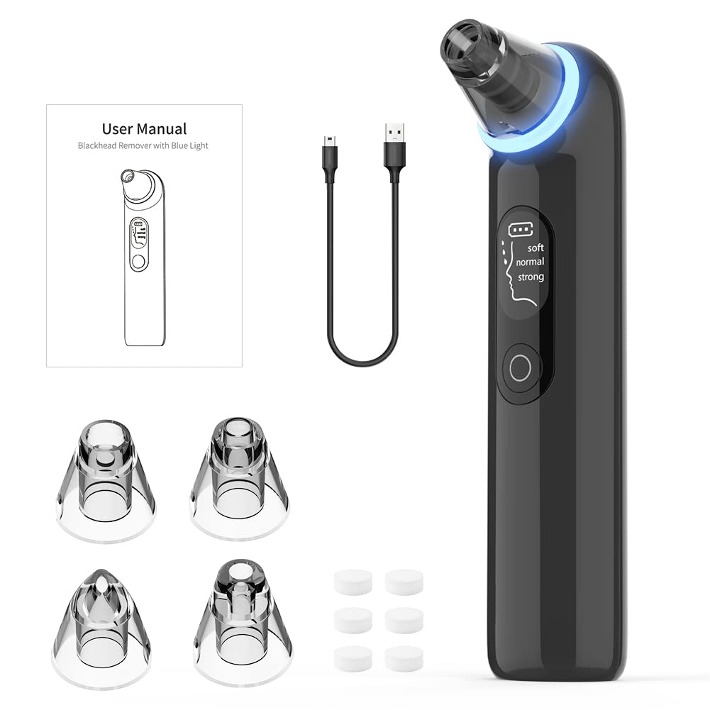 Blackhead Remover Pore Vacuum, Upgraded Pore Cleanser with Blue Light- Rechargeable Acne Extractor LED Display, Whitehead Removal, Facial Firming, Oil Reducing for Women & Men (202B-Black)