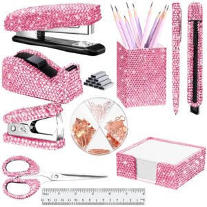 10 pcs bling office accessories for desk bling crystal office supplies set desk accessory kit glitter stapler staple remover tape dispenser diamond pen scissors for women office home desk (pink)