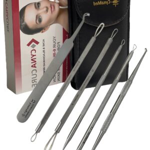 German Stainless Professional set of 6- Blackhead Remover Comedones Extractor Acne Removal Kit for Blemish,Whitehead Popping, Zit Removing for Nose Face Tools-Blackhead Removal w/zipper Leather case