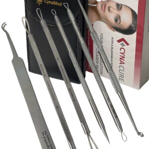 German Stainless Professional set of 6- Blackhead Remover Comedones Extractor Acne Removal Kit for Blemish,Whitehead Popping, Zit Removing for Nose Face Tools-Blackhead Removal w/zipper Leather case