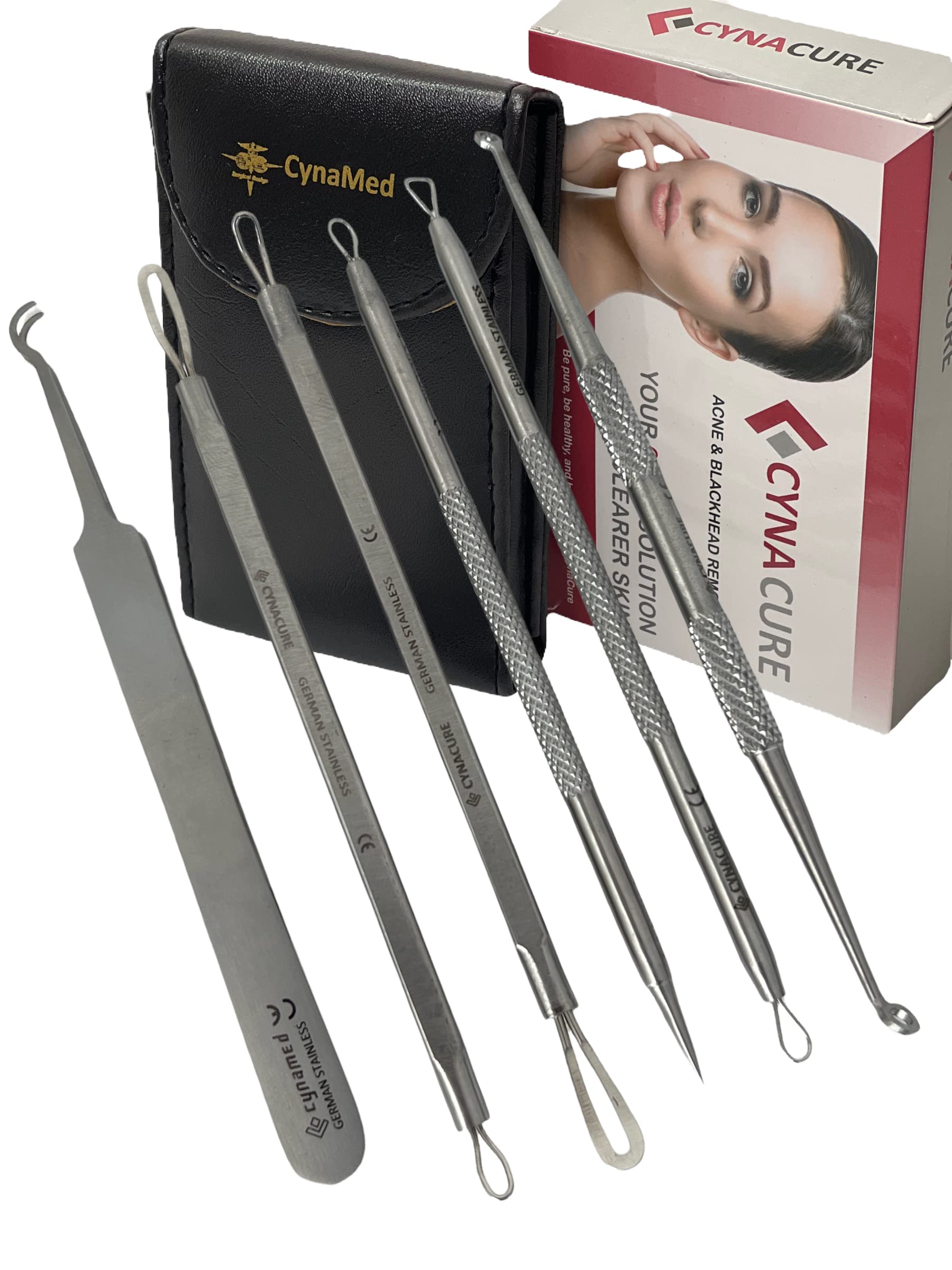 German Stainless Professional set of 6- Blackhead Remover Comedones Extractor Acne Removal Kit for Blemish,Whitehead Popping, Zit Removing for Nose Face Tools-Blackhead Removal w/zipper Leather case