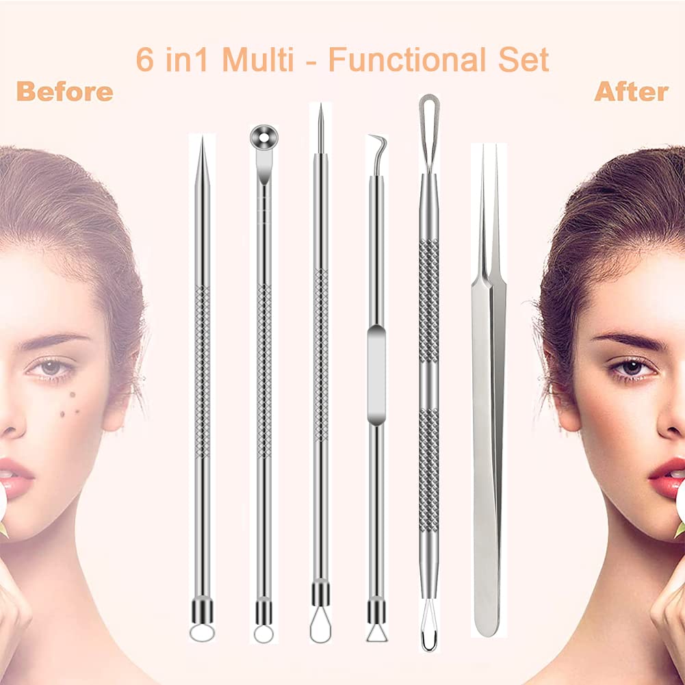 Pimple Popper Tool Kit, 6 Pcs Blackhead Remover Acne Needle Tools Set Removing Treatment Comedone Whitehead Popping Zit for Nose Face Skin Blemish Extractor Tool - Silver