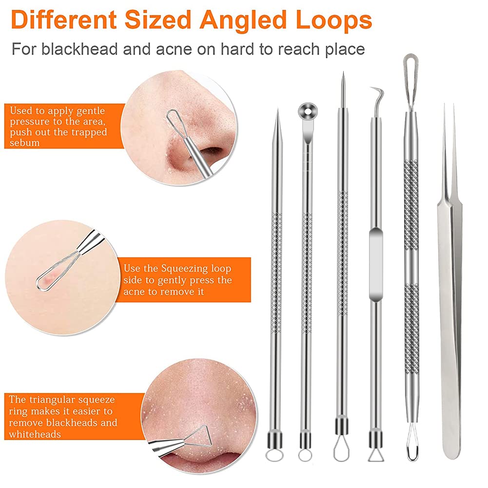 Pimple Popper Tool Kit, 6 Pcs Blackhead Remover Acne Needle Tools Set Removing Treatment Comedone Whitehead Popping Zit for Nose Face Skin Blemish Extractor Tool - Silver