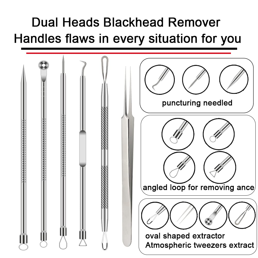 Pimple Popper Tool Kit, 6 Pcs Blackhead Remover Acne Needle Tools Set Removing Treatment Comedone Whitehead Popping Zit for Nose Face Skin Blemish Extractor Tool - Silver