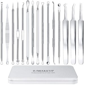 pimple popper tool kit, iumakevp 15 pcs professional stainless steel blackhead remover comedone extractor tools for removing zit on face - acne removal kit with metal case (silver)