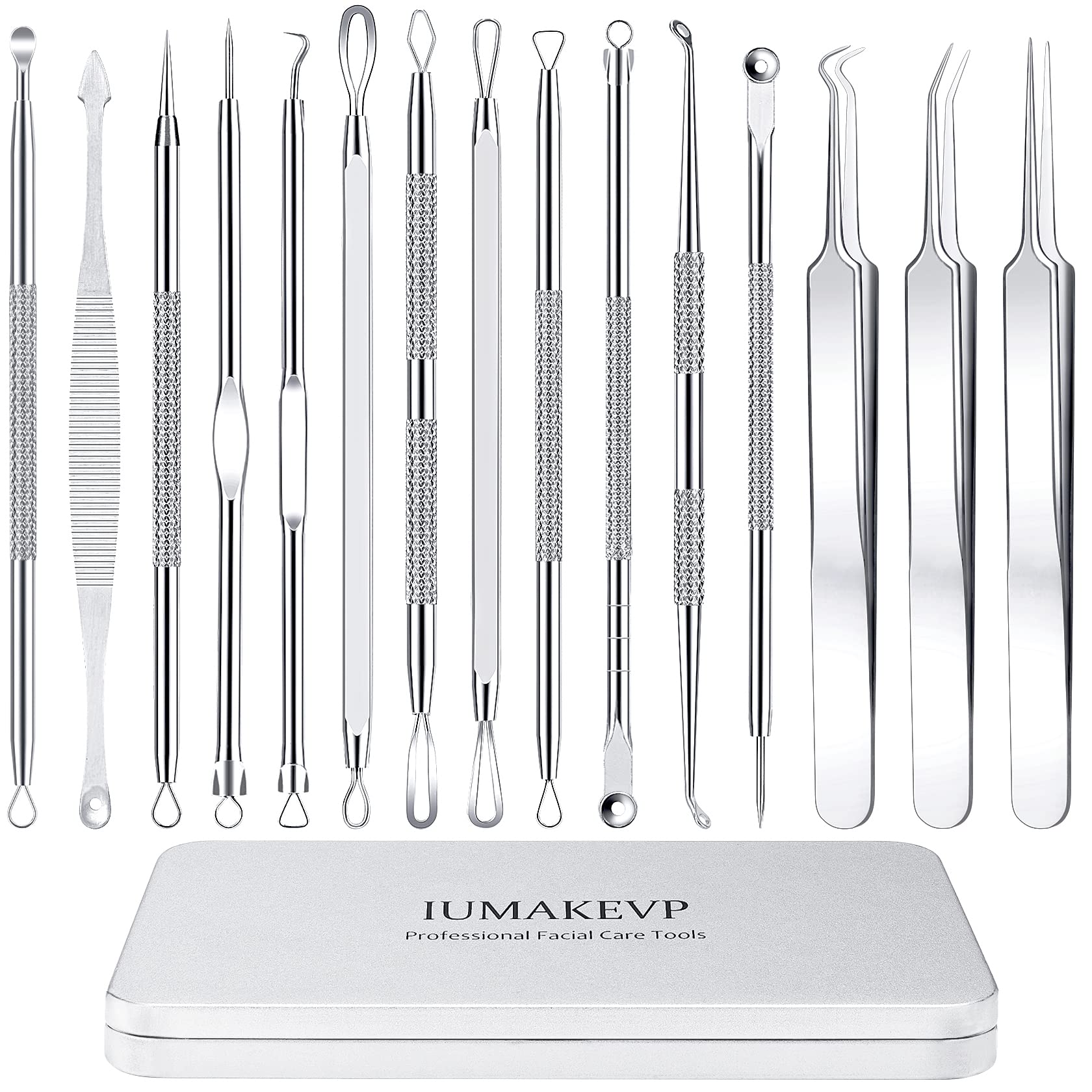 Pimple Popper Tool Kit, IUMAKEVP 15 PCS Professional Stainless Steel Blackhead Remover Comedone Extractor Tools for Removing Zit on Face - Acne Removal Kit with Metal Case (Silver)