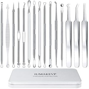 Pimple Popper Tool Kit, IUMAKEVP 15 PCS Professional Stainless Steel Blackhead Remover Comedone Extractor Tools for Removing Zit on Face - Acne Removal Kit with Metal Case (Silver)