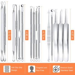 Pimple Popper Tool Kit, IUMAKEVP 15 PCS Professional Stainless Steel Blackhead Remover Comedone Extractor Tools for Removing Zit on Face - Acne Removal Kit with Metal Case (Silver)