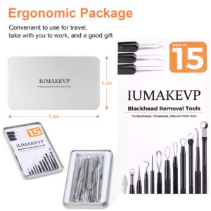 Pimple Popper Tool Kit, IUMAKEVP 15 PCS Professional Stainless Steel Blackhead Remover Comedone Extractor Tools for Removing Zit on Face - Acne Removal Kit with Metal Case (Silver)