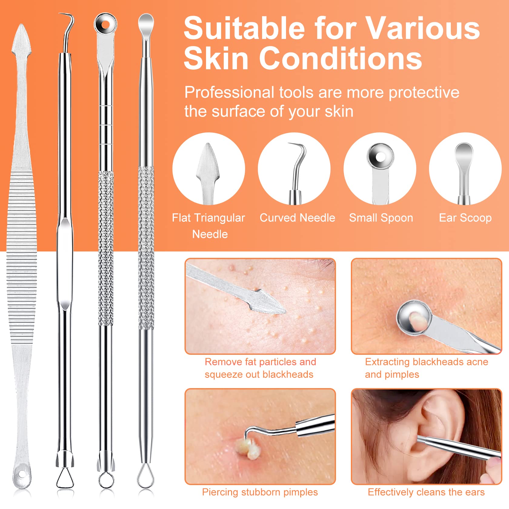 Pimple Popper Tool Kit, IUMAKEVP 15 PCS Professional Stainless Steel Blackhead Remover Comedone Extractor Tools for Removing Zit on Face - Acne Removal Kit with Metal Case (Silver)