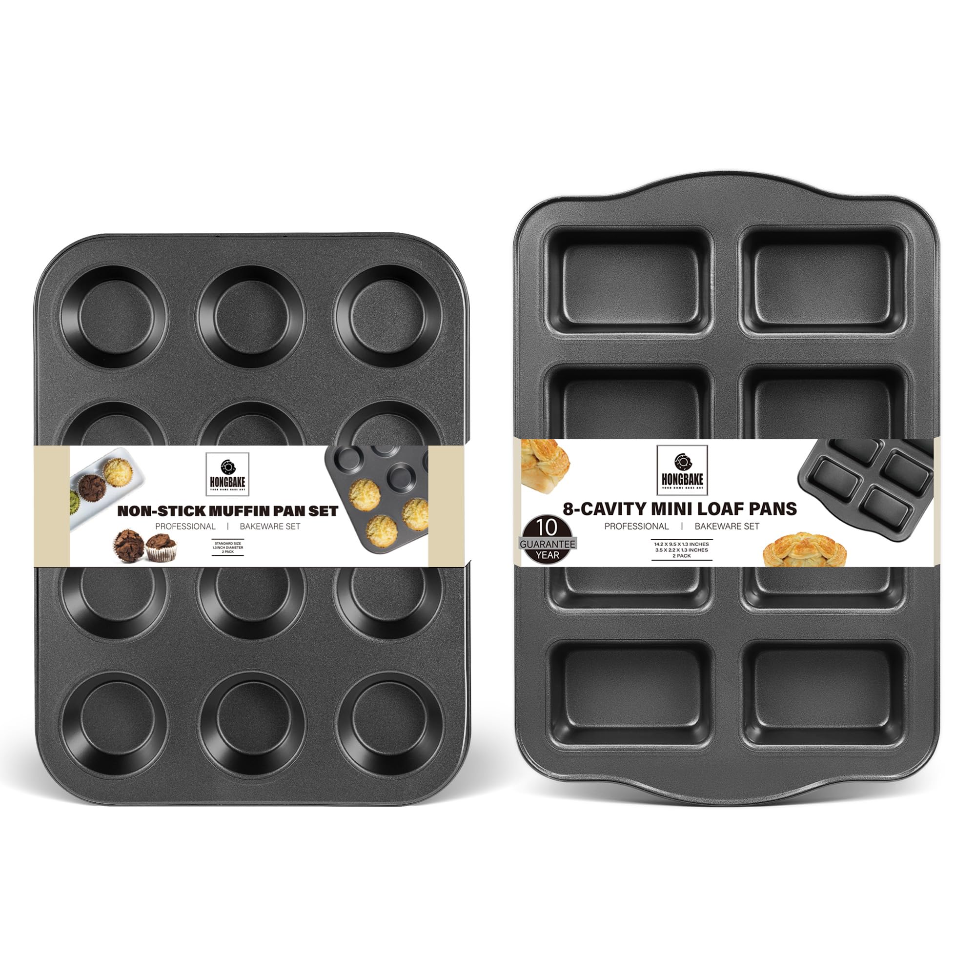 HONGBAKE Nonstick Muffin Pan 12 Cup and Mini Loaf Pans 8 Cavity, Cupcake Tin for Baking and Small Banana Bread Tray - Grey