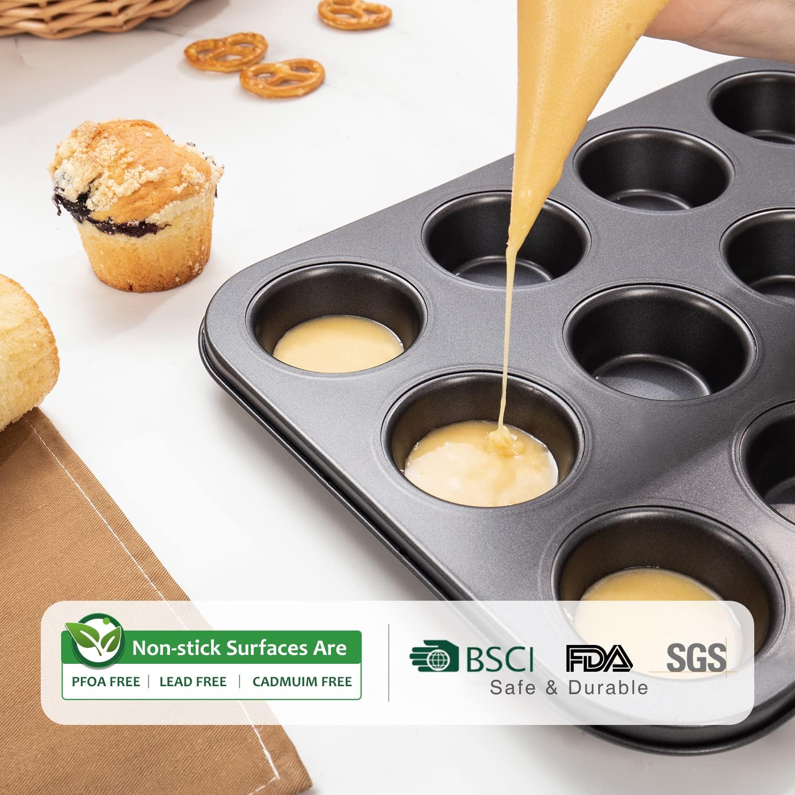 HONGBAKE Nonstick Muffin Pan 12 Cup and Mini Loaf Pans 8 Cavity, Cupcake Tin for Baking and Small Banana Bread Tray - Grey