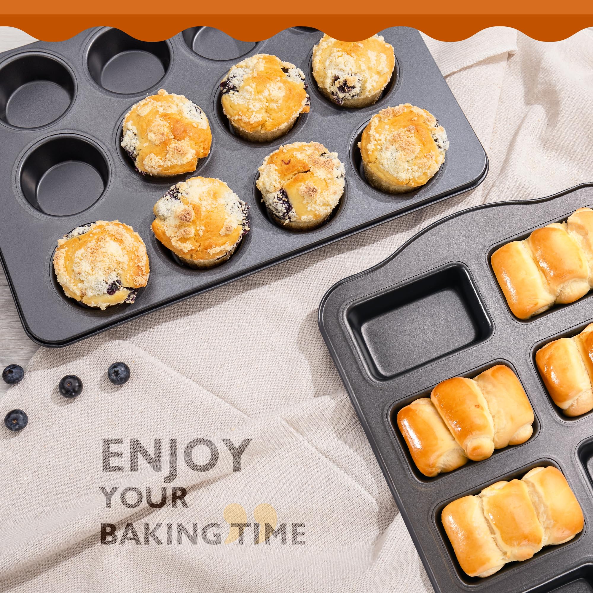 HONGBAKE Nonstick Muffin Pan 12 Cup and Mini Loaf Pans 8 Cavity, Cupcake Tin for Baking and Small Banana Bread Tray - Grey