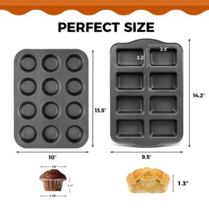 HONGBAKE Nonstick Muffin Pan 12 Cup and Mini Loaf Pans 8 Cavity, Cupcake Tin for Baking and Small Banana Bread Tray - Grey