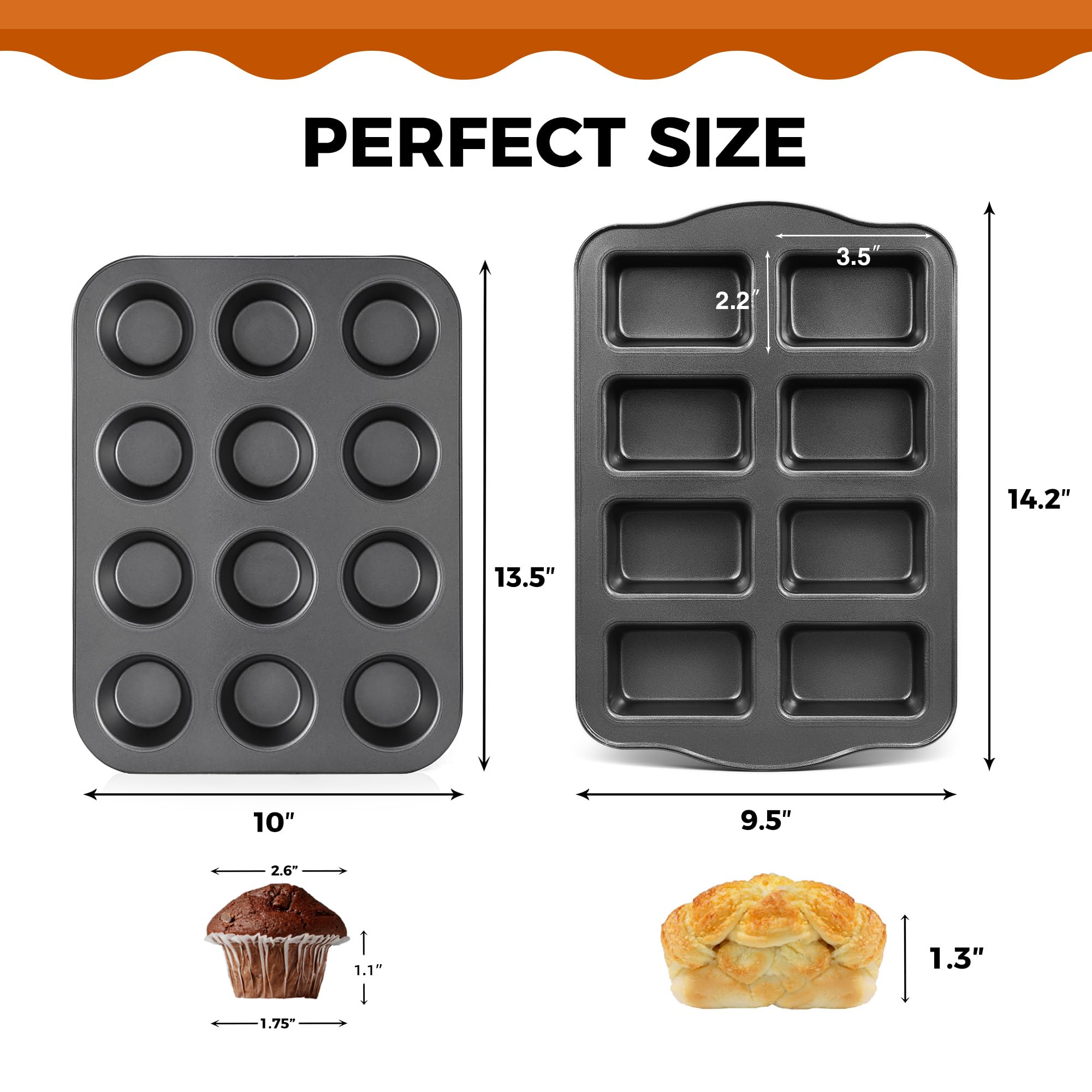 HONGBAKE Nonstick Muffin Pan 12 Cup and Mini Loaf Pans 8 Cavity, Cupcake Tin for Baking and Small Banana Bread Tray - Grey