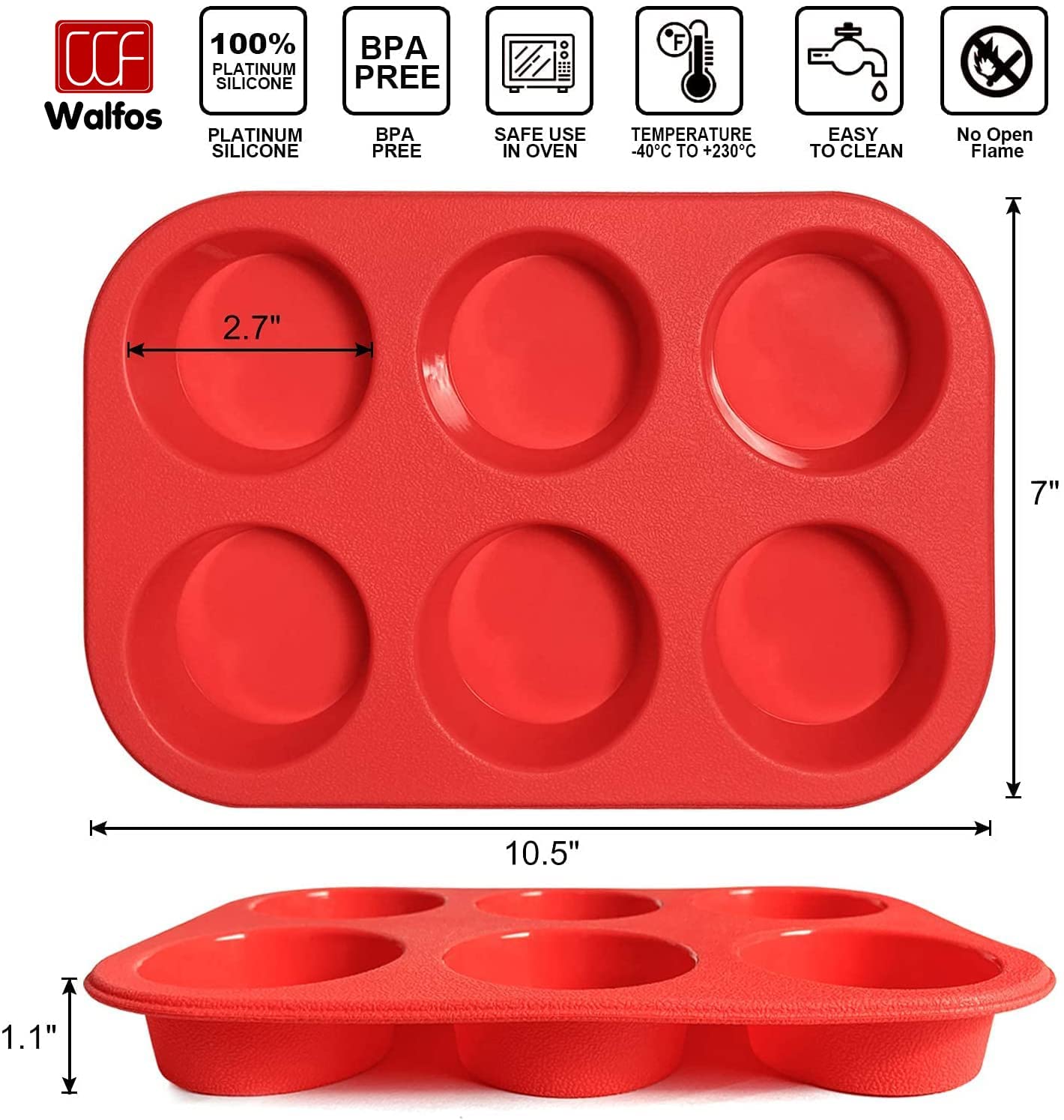 Walfos Silicone Muffin Pan - 6 Cup Non-Stick Cupcake Pan for Baking, Food Grade and BPA Free, Perfect for Egg Muffin, Cupcake, Quiches and Frittatas (3 Pack)