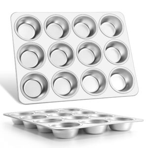 e-far muffin pan 12-cup, set of 2, stainless steel cupcake pan metal muffin baking tins for oven, regular size & easy clean, non-toxic & dishwasher safe-2 pack