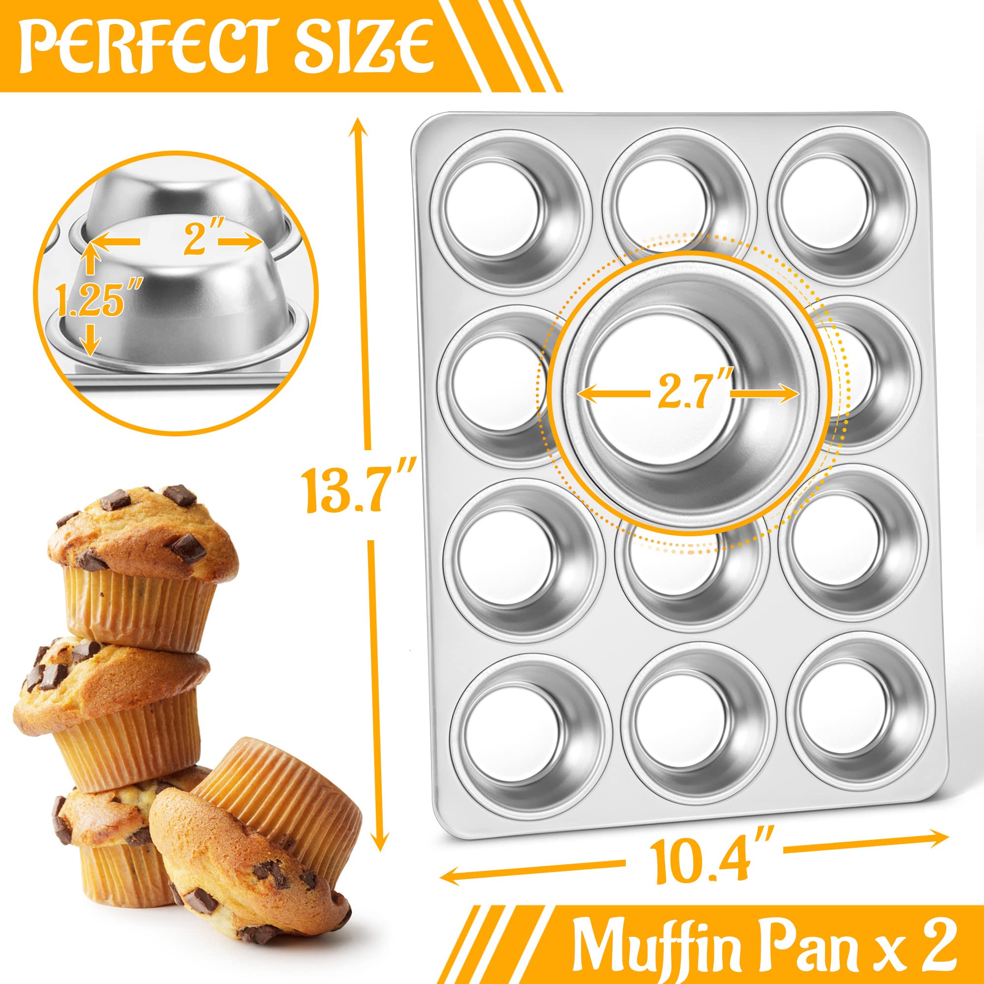 E-far Muffin Pan 12-Cup, Set of 2, Stainless Steel Cupcake Pan Metal Muffin Baking Tins for Oven, Regular Size & Easy Clean, Non-toxic & Dishwasher Safe-2 Pack