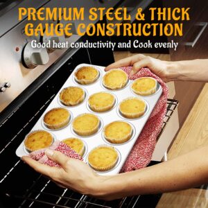 E-far Muffin Pan 12-Cup, Set of 2, Stainless Steel Cupcake Pan Metal Muffin Baking Tins for Oven, Regular Size & Easy Clean, Non-toxic & Dishwasher Safe-2 Pack