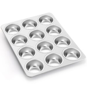 muffin pan cupcake baking pan, p&p chef 12 cups muffin tin tray, stainless steel muffin top pans for baking cake muffin tart quiche, oven & dishwasher safe, non-toxic & durable