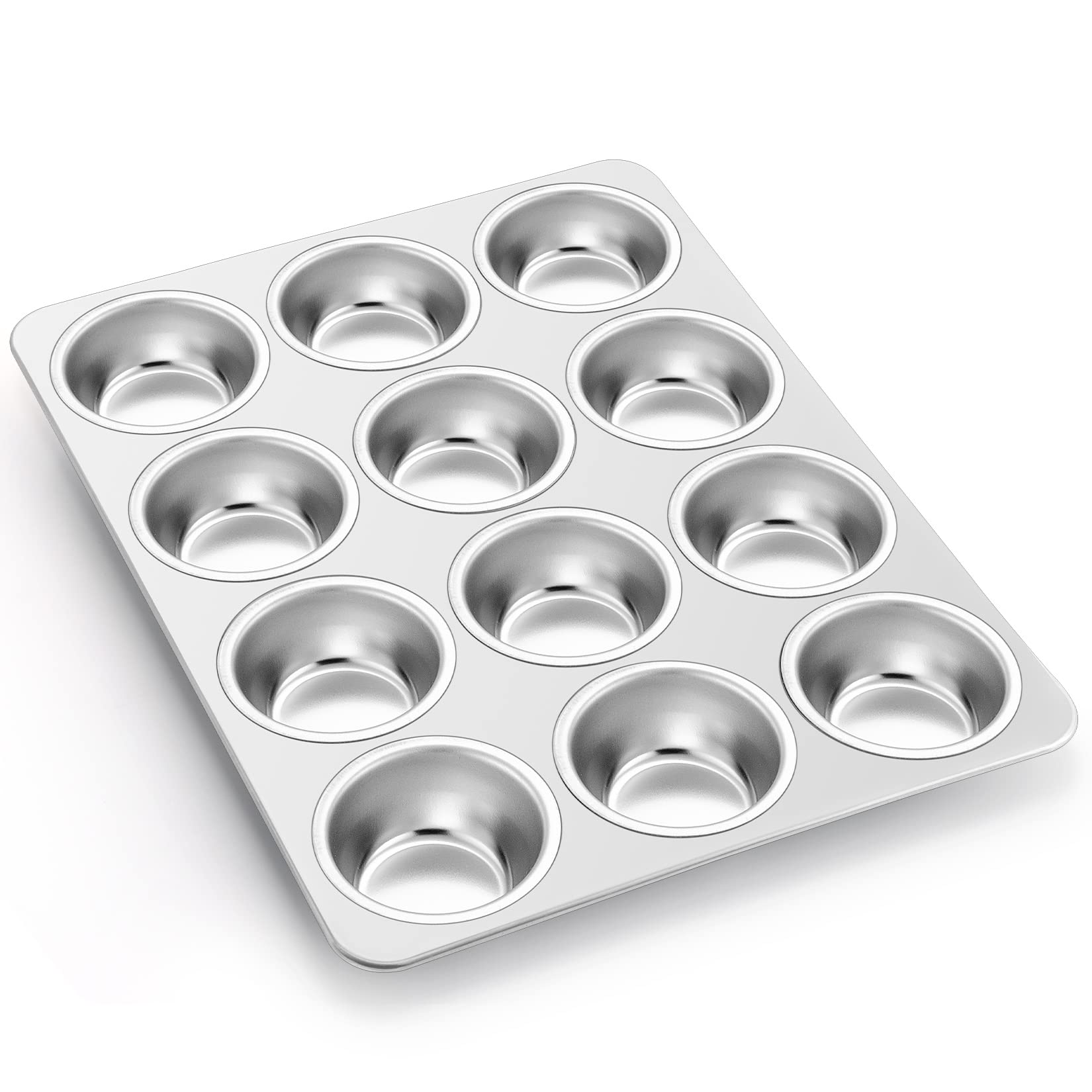 Muffin Pan Cupcake Baking Pan, P&P CHEF 12 Cups Muffin Tin Tray, Stainless Steel Muffin Top Pans for Baking Cake Muffin Tart Quiche, Oven & Dishwasher Safe, Non-toxic & Durable