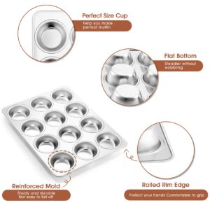 Muffin Pan Cupcake Baking Pan, P&P CHEF 12 Cups Muffin Tin Tray, Stainless Steel Muffin Top Pans for Baking Cake Muffin Tart Quiche, Oven & Dishwasher Safe, Non-toxic & Durable