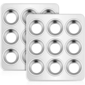 herogo 2 pack stainless steel muffin pan tin for baking, 9-cup metal nonstick cupcake molds tray set for making egg muffin, mini brownie, easy to clean & quick release, oven & dishwasher safe