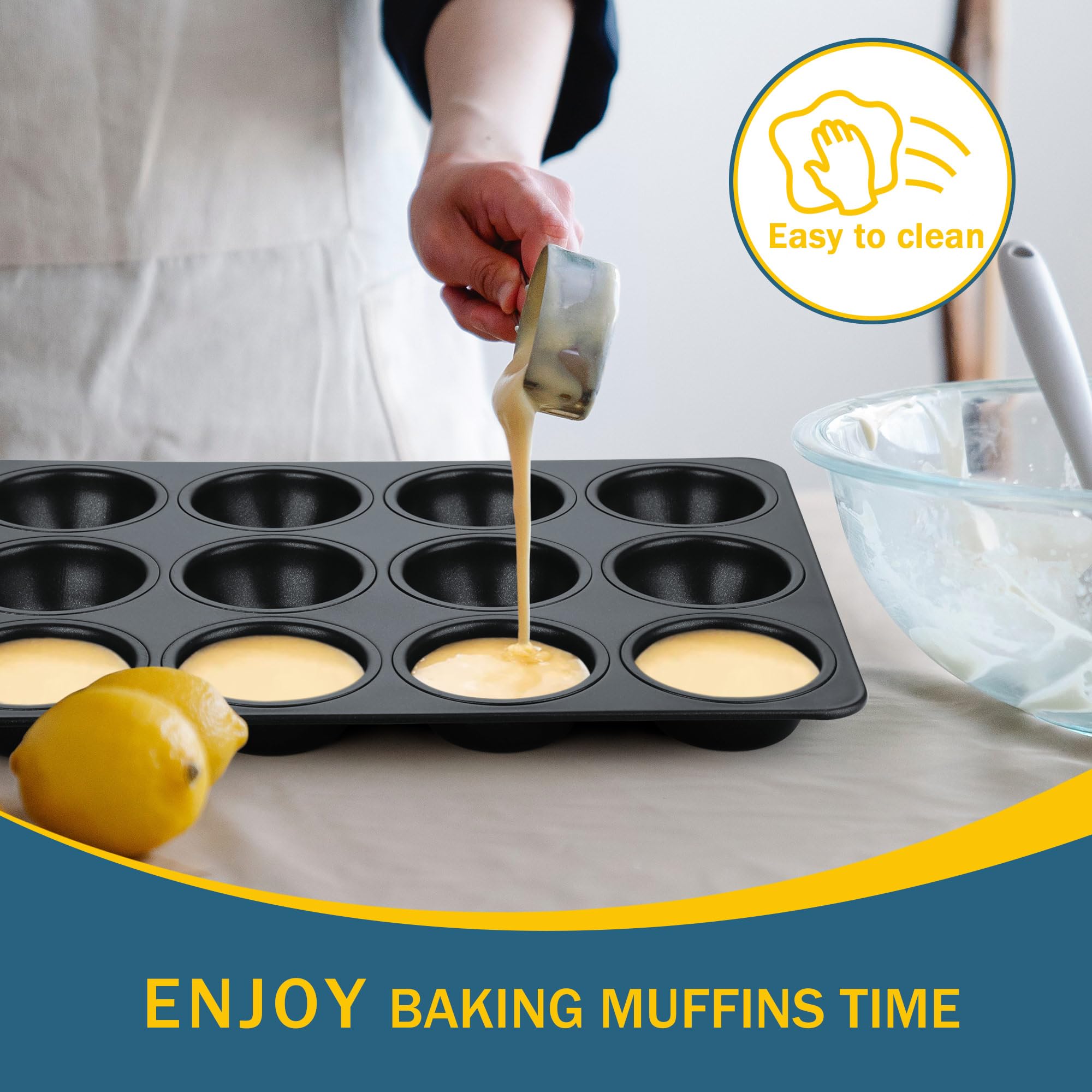 E-far Nonstick Muffin Pans 12 Cups, Stainless Steel Muffin Tin Cupcake Pan Tray for Baking, Stainless Steel Core & Non Toxic, Easy Release & Easy Clean, Black